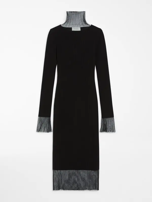 Sportmax Long Sleeve Wool Dress With Fringe Detail - Black