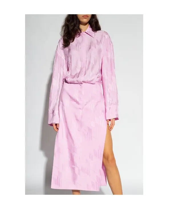 Attico Charla Logo Jacquard Side Slit Midi Shirt Dress