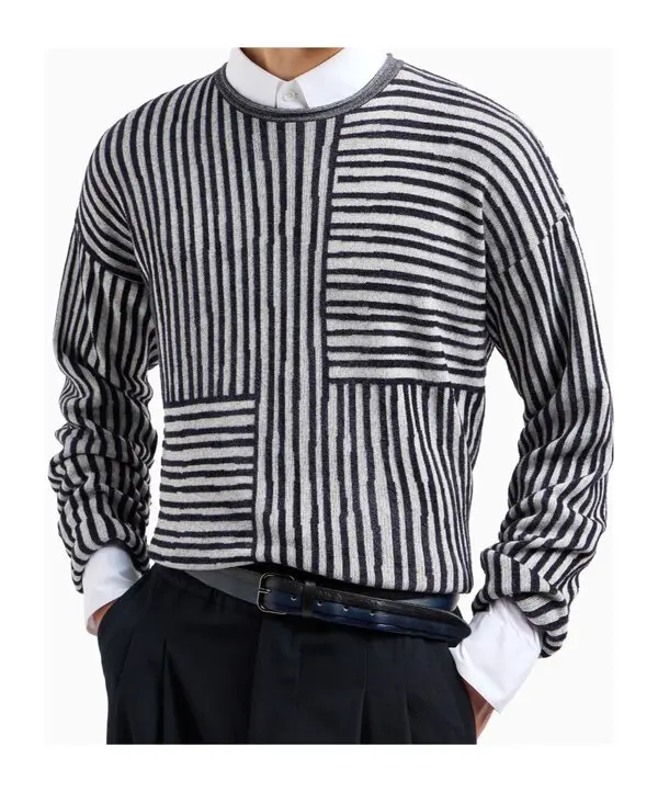 Giorgio Armani Striped Crew Neck Long Sleeve Pullover - Black