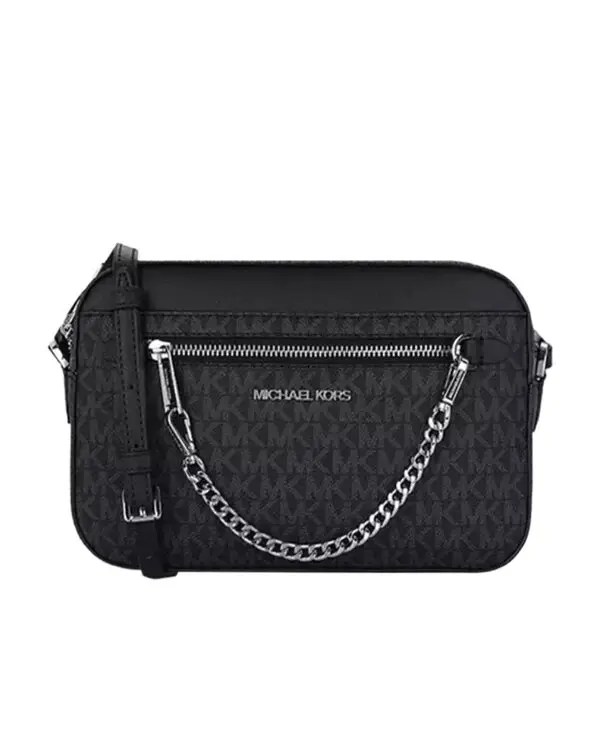 Michael Kors Monogram Zipper Shoulder Bag With Chain Detail - Black