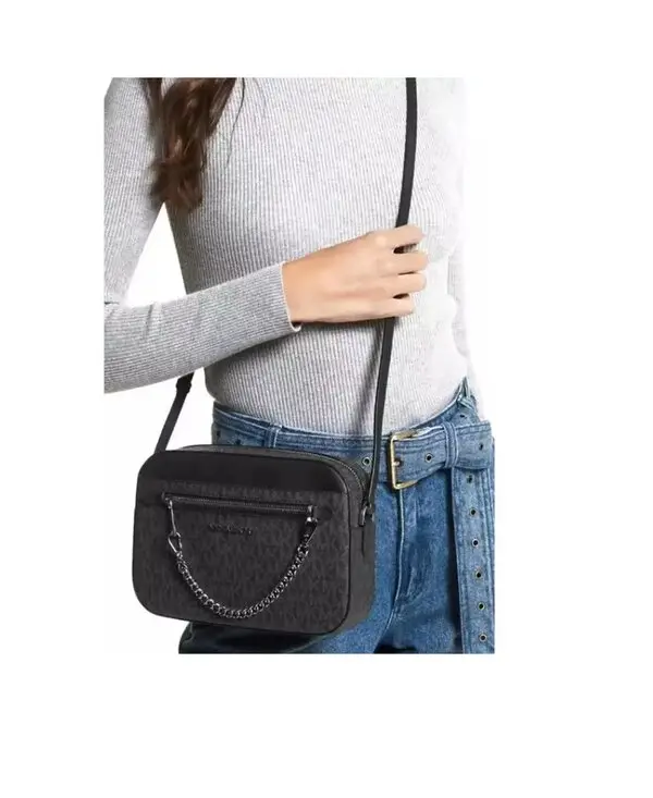 Michael Kors Monogram Zipper Shoulder Bag With Chain Detail - Black
