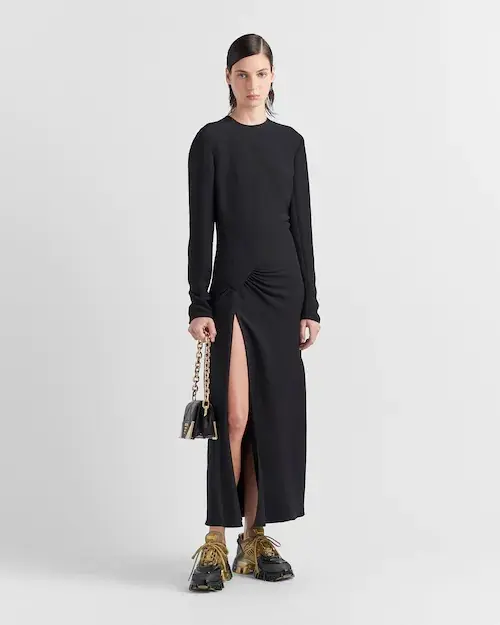Prada Long Sleeve Cady Dress With Side Slit