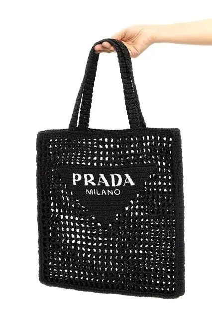 Prada Logo Woven Tote Bag - Black