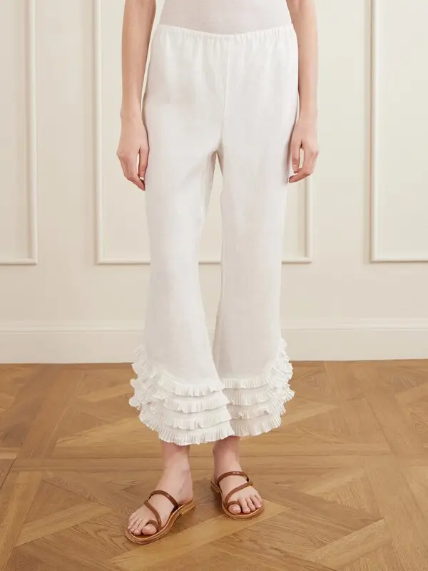 Posse Ruffled Hem Casual Pants - White