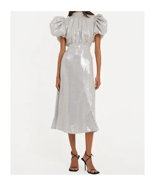 ROTATE BY BIRGER CHRISTENSEN Sequined Bubble Sleeve Dress - Light Gray