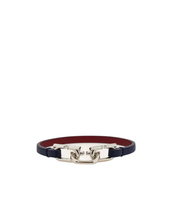 FERRAGAMO Gancini Clasp Leather Bracelet - Silver/navy Blue/red