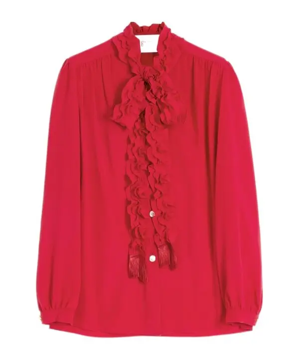 Valentino Garavani Crepe De Chine Bow And Ruffle Detailed Long-sleeved Shirt - Red
