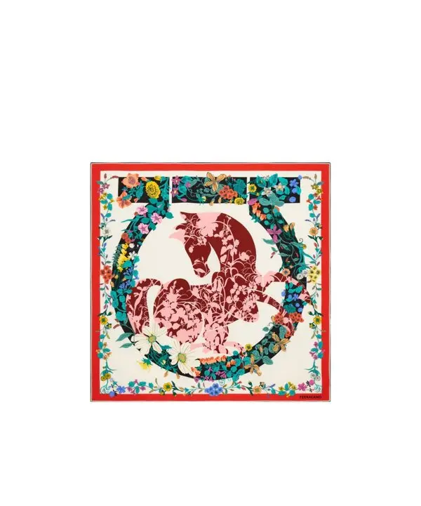 FERRAGAMO Pegasus Print Silk Scarf - Ivory/black