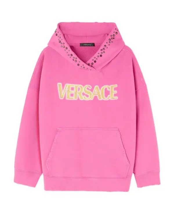 Versace Logo Printed Embellished Hoodie - Pink
