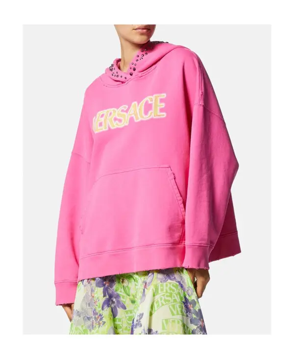 Versace Logo Printed Embellished Hoodie - Pink