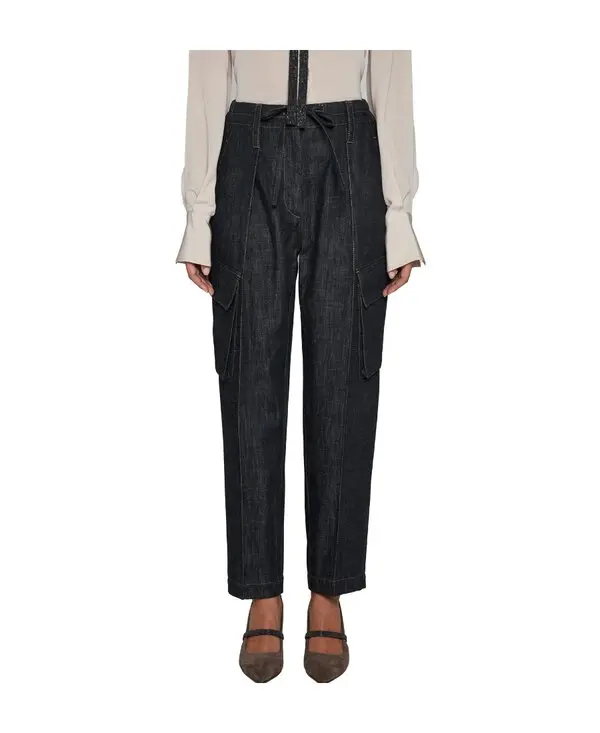 Brunello Cucinelli Straight Leg Denim Cargo Pants With Drawstring Waist