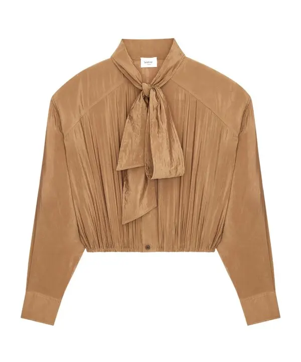 Saint Laurent Cropped Lavalliere Blouse With Fringed Collar - Caramel