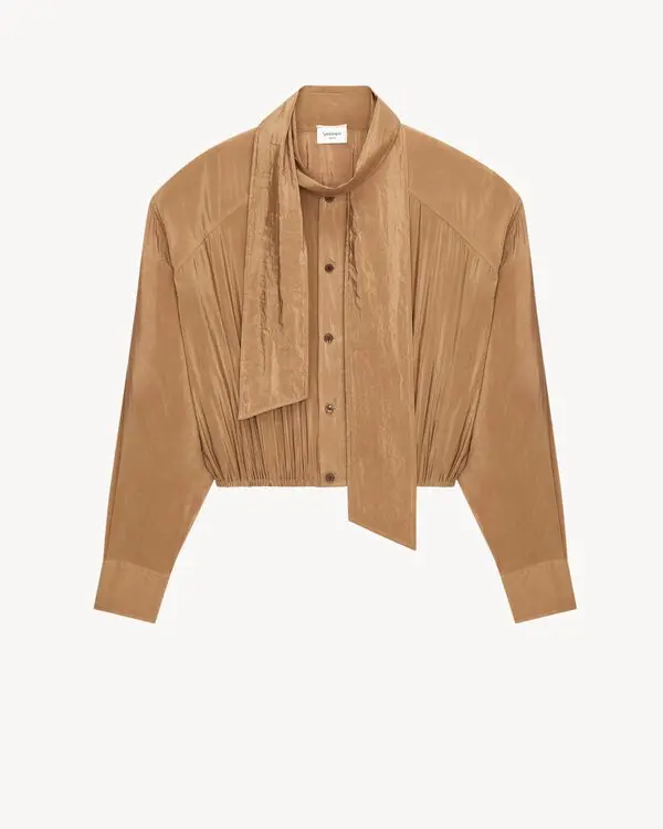 Saint Laurent Cropped Lavalliere Blouse With Fringed Collar - Caramel