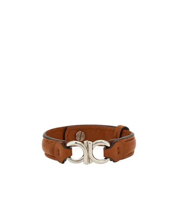 FERRAGAMO Double Gancini Leather Bracelet - Silver/leather