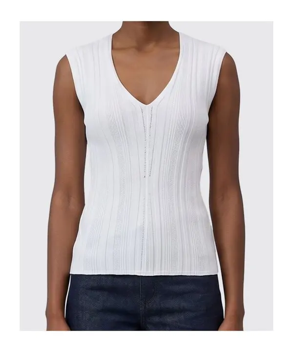 Closed Ribbed-knit V-neck Sleeveless Sweater - Ivory