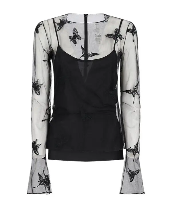 Blumarine Sheer Butterfly Embroidered Top