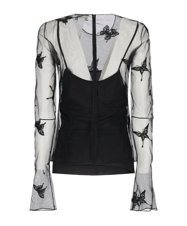 Blumarine Sheer Butterfly Embroidered Top