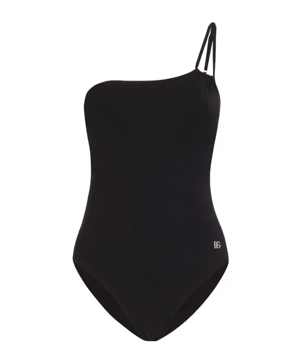 Dolce & Gabbana One-shoulder One-piece Swimsuit With Metal Logo - Black