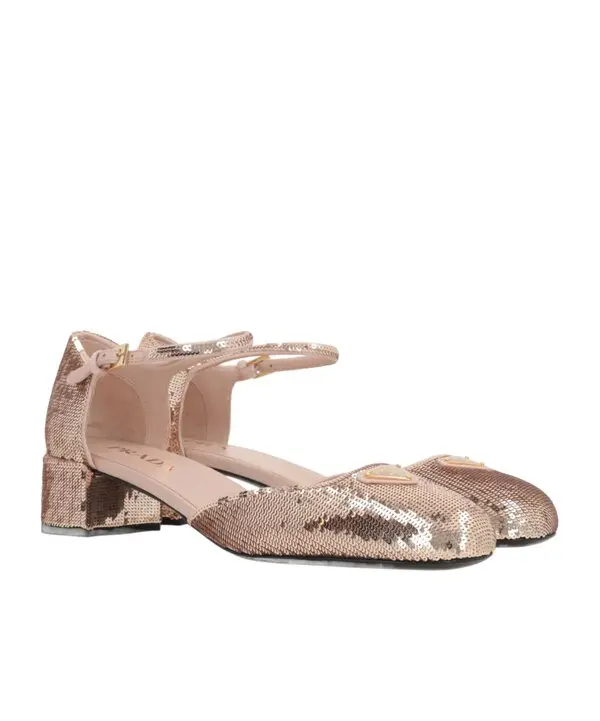 Prada Sequined Round-toe Pumps With Adjustable Ankle Strap - Bean Paste Color