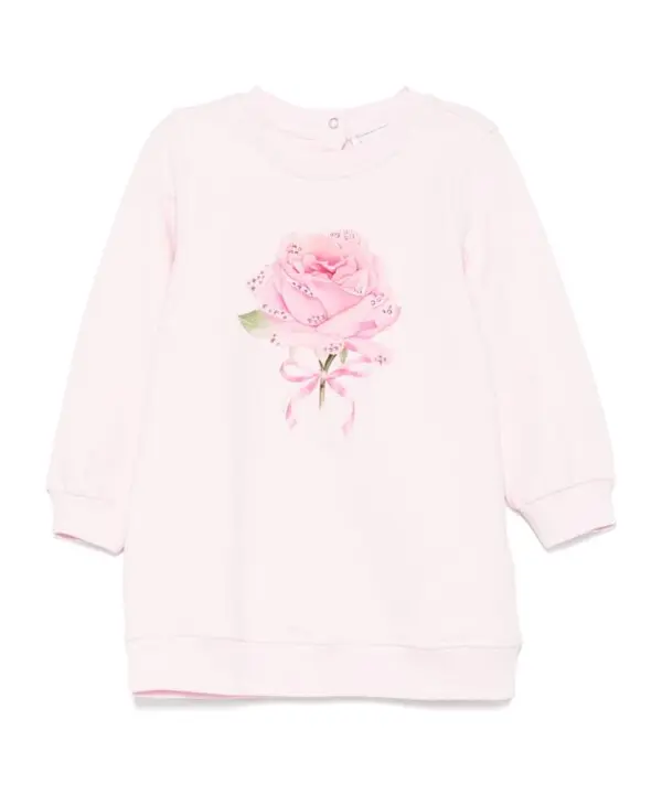 Monnalisa Rose Print Dress With Rhinestone Embellishments
