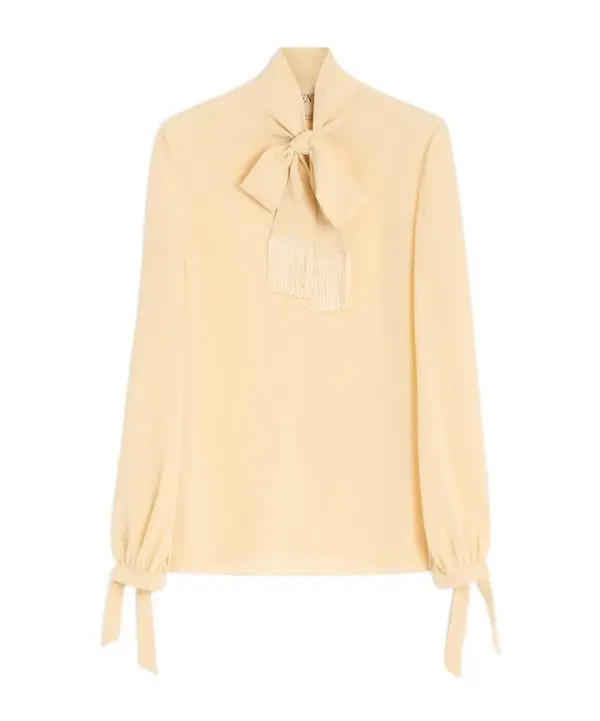 Valentino Garavani Crepe De Chine Long Sleeve Blouse With Fringe Detail