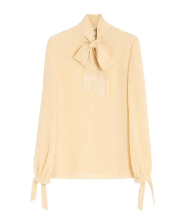 Valentino Garavani Crepe De Chine Long Sleeve Blouse With Fringe Detail - Birch