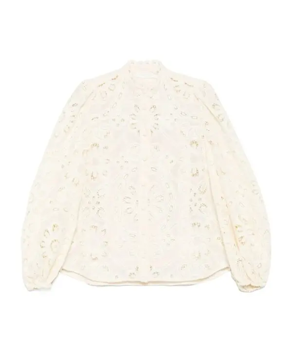 Zimmermann Openwork Stand-up Collar Shirt With Floral Cutouts - Ivory