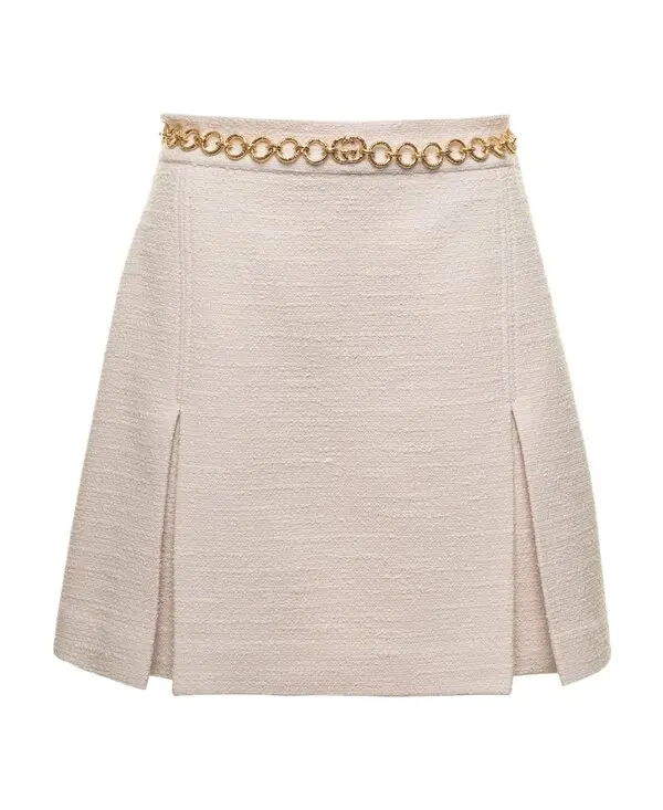 Gucci A-line Bouclé Miniskirt With Gold Chain Belt - Nude