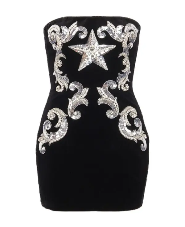 Balmain Paisley Embroidered Strapless Mini Dress