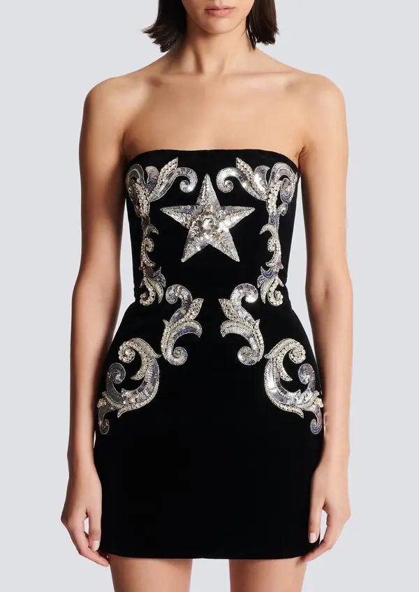 Balmain Paisley Embroidered Strapless Mini Dress