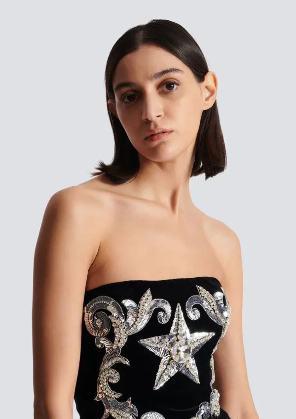 Balmain Paisley Embroidered Strapless Mini Dress