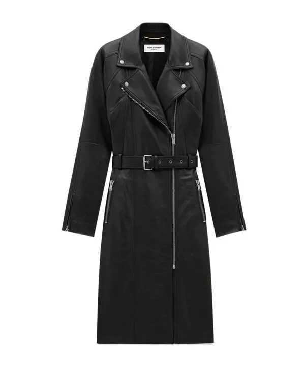 Saint Laurent Belted Zip Detailed Biker Coat - Black