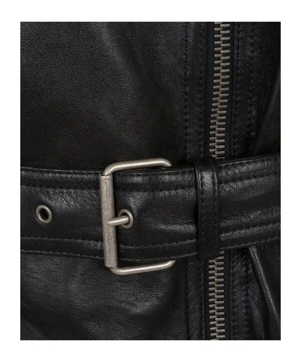 Saint Laurent Belted Zip Detailed Biker Coat