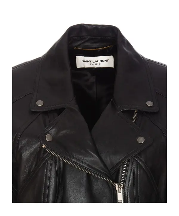 Saint Laurent Belted Zip Detailed Biker Coat