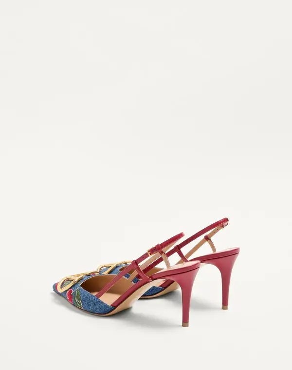 Valentino Garavani Vlogo Signature Slingback Pumps In Denim With Cherryfic Embroidery