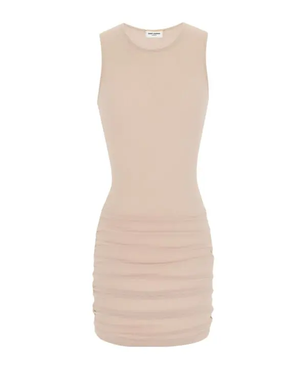 Saint Laurent Crewneck Ruched Mini Dress - Nude