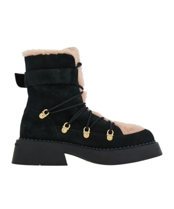 FERRAGAMO Suede Shearling Trekking Combat Boots