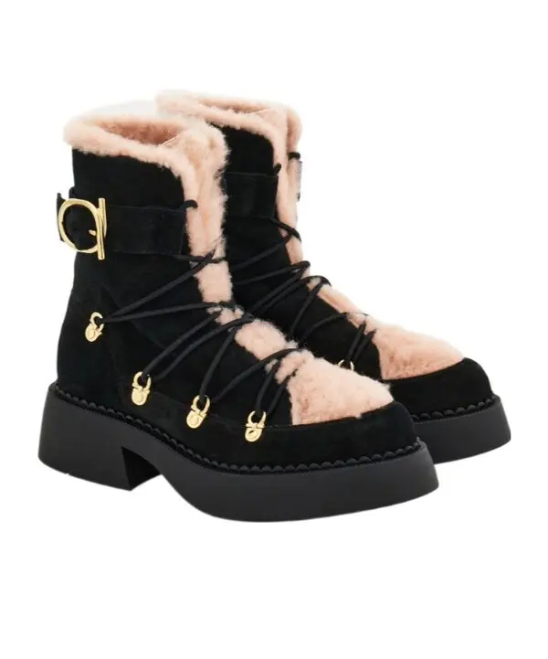 FERRAGAMO Suede Shearling Trekking Combat Boots