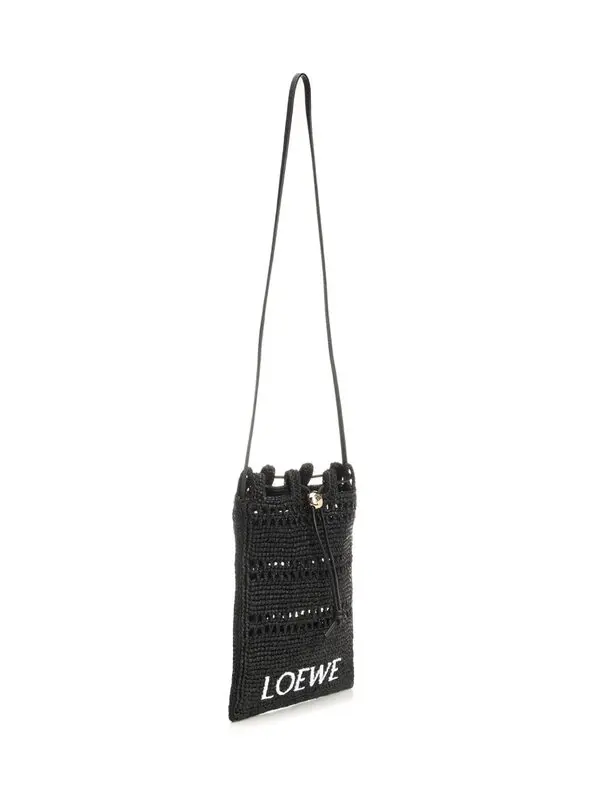 Loewe Embroidered Raffia Drawstring Pouch - Black