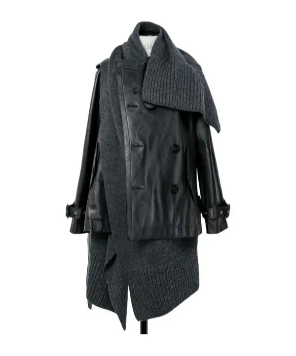 Sacai Leather X Wool Knit Jacket - Black Gray