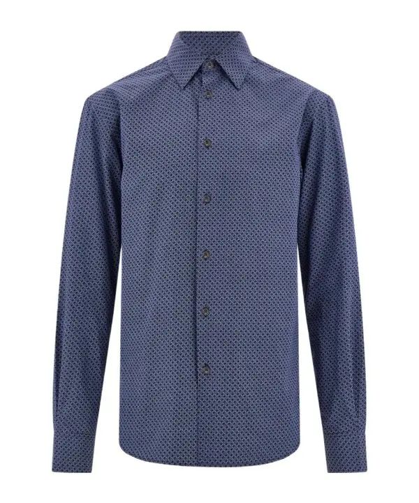 FERRAGAMO Monogram-pattern Button-up Shirt - Navy Blue/washed Denim