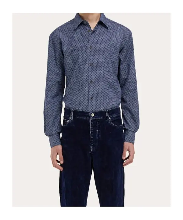 FERRAGAMO Monogram-pattern Button-up Shirt - Navy Blue/washed Denim