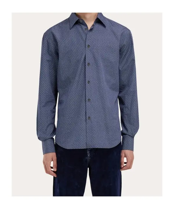 FERRAGAMO Monogram-pattern Button-up Shirt - Navy Blue/washed Denim
