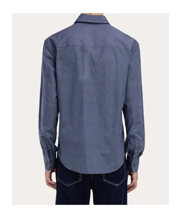 FERRAGAMO Monogram-pattern Button-up Shirt - Navy Blue/washed Denim