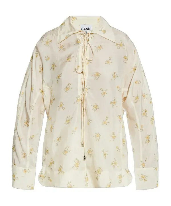 GANNI Floral Tie Neck Shirt - Yellow