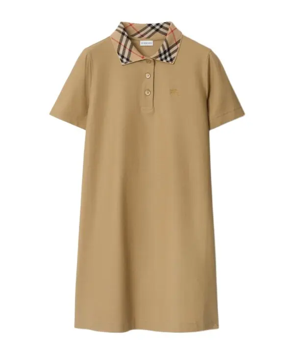 Burberry Logo Embroidered Checked Polo Dress - Flax