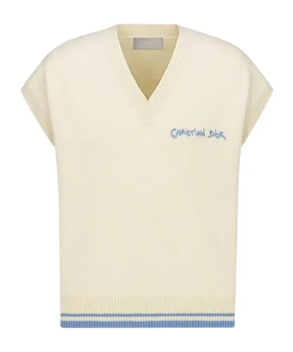 Dior Logo Embroidered V-neck Vest - White