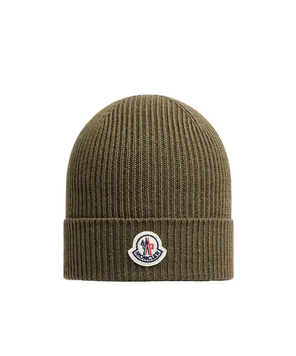 Moncler Logo Patch Knitted Beanie - Olive Green