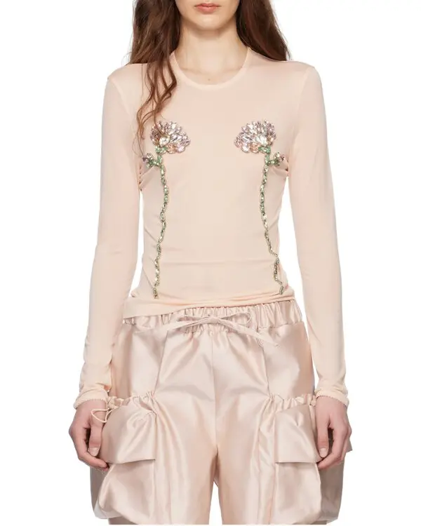 Simone Rocha Beige Embellished Mesh Top