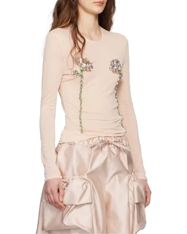 Simone Rocha Beige Embellished Mesh Top